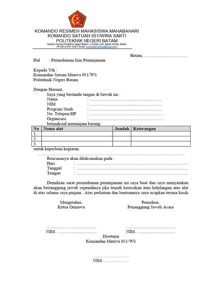 Surat Permohonan Peminjaman Alat Menwa | PDF