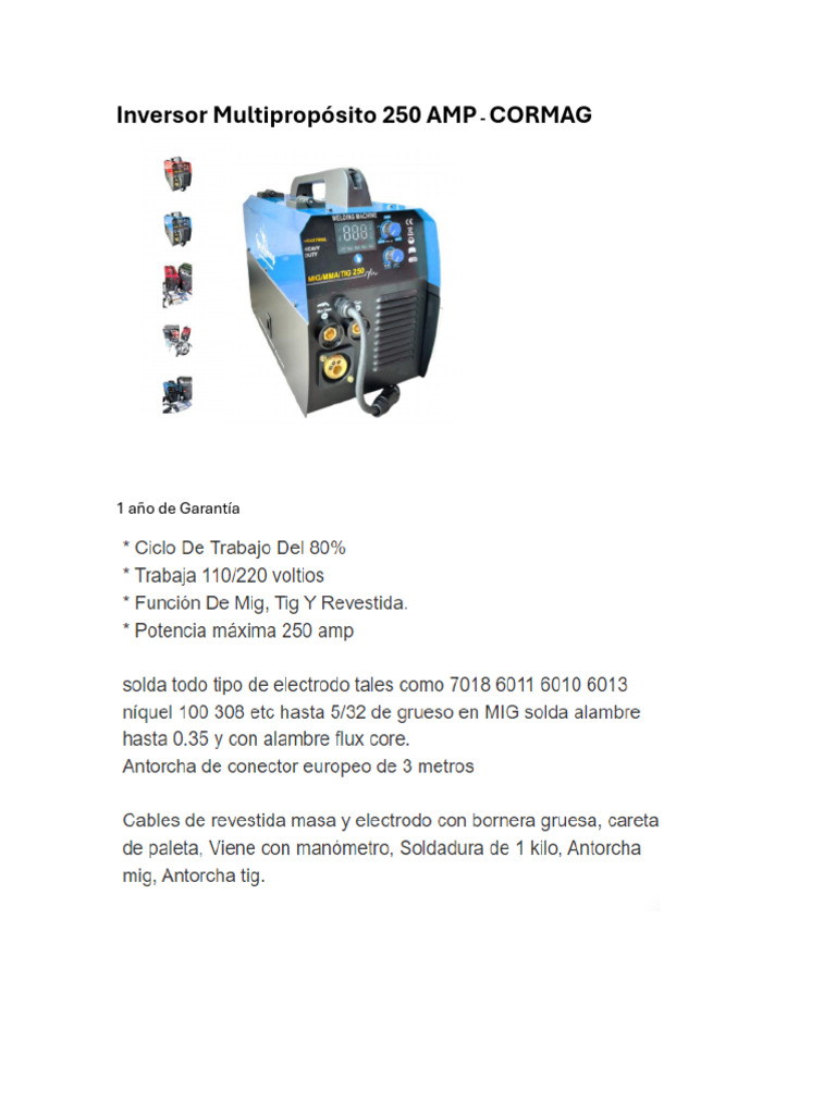 Ficha Técnica EQUIPO MIG CORMAG 250 AMP | PDF