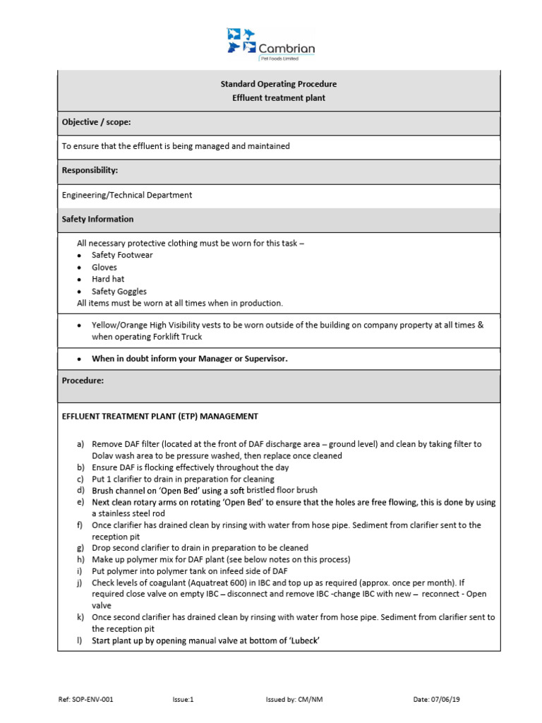 SOP For Operation of Effluent Treatment Plant 001 | PDF