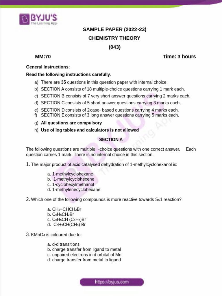 CBSE Class 12 Chemistry Sample Paper | PDF | Dna | Chemical Reactions