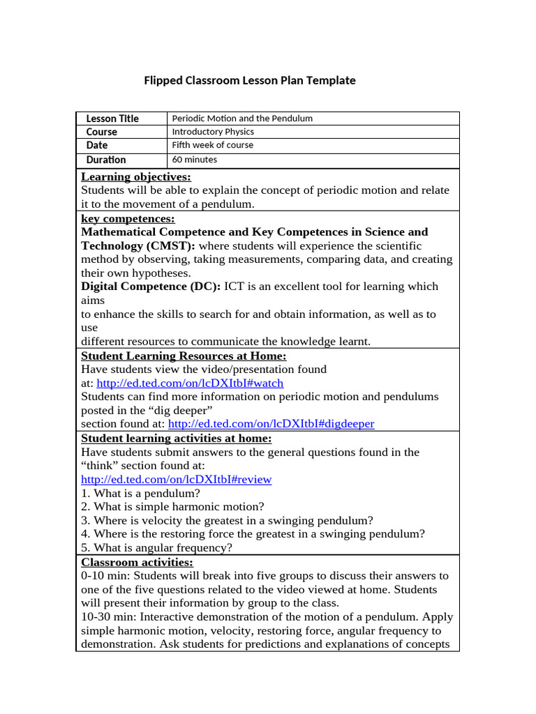 flipped classroom lesson plan template | PDF | Pendulum | Oscillation