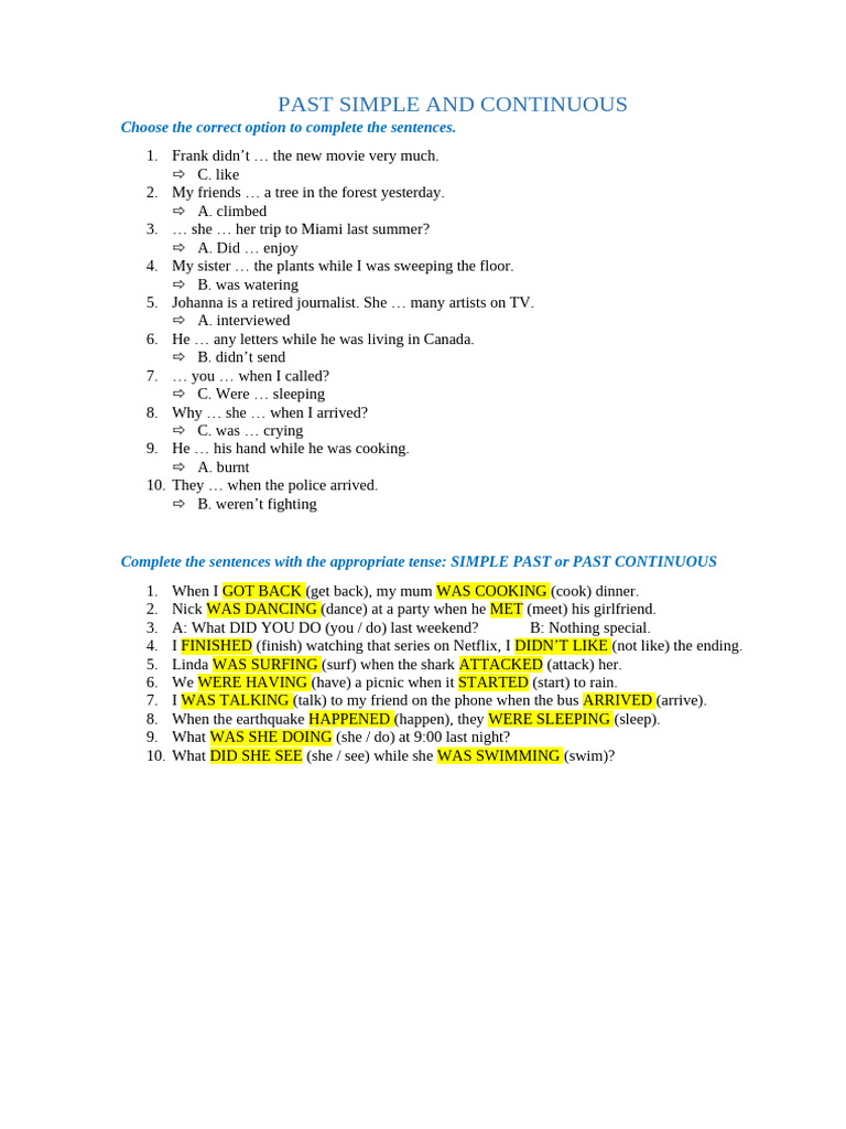 Past Simple vs. Continuous Exercises | PDF
