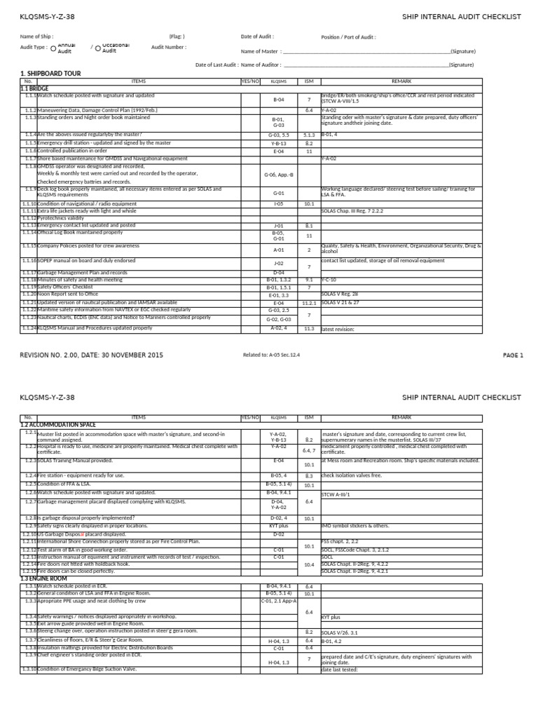 KLQSMS-Y-Z-38 Rev 2.00 Ship Internal Audit Checklist | PDF | Oil Tanker | Ships