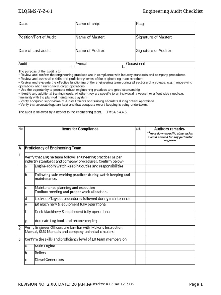 Y-Z-61 Rev.2.00 Engineering Audit Checklist - XLSM | PDF | Audit ...