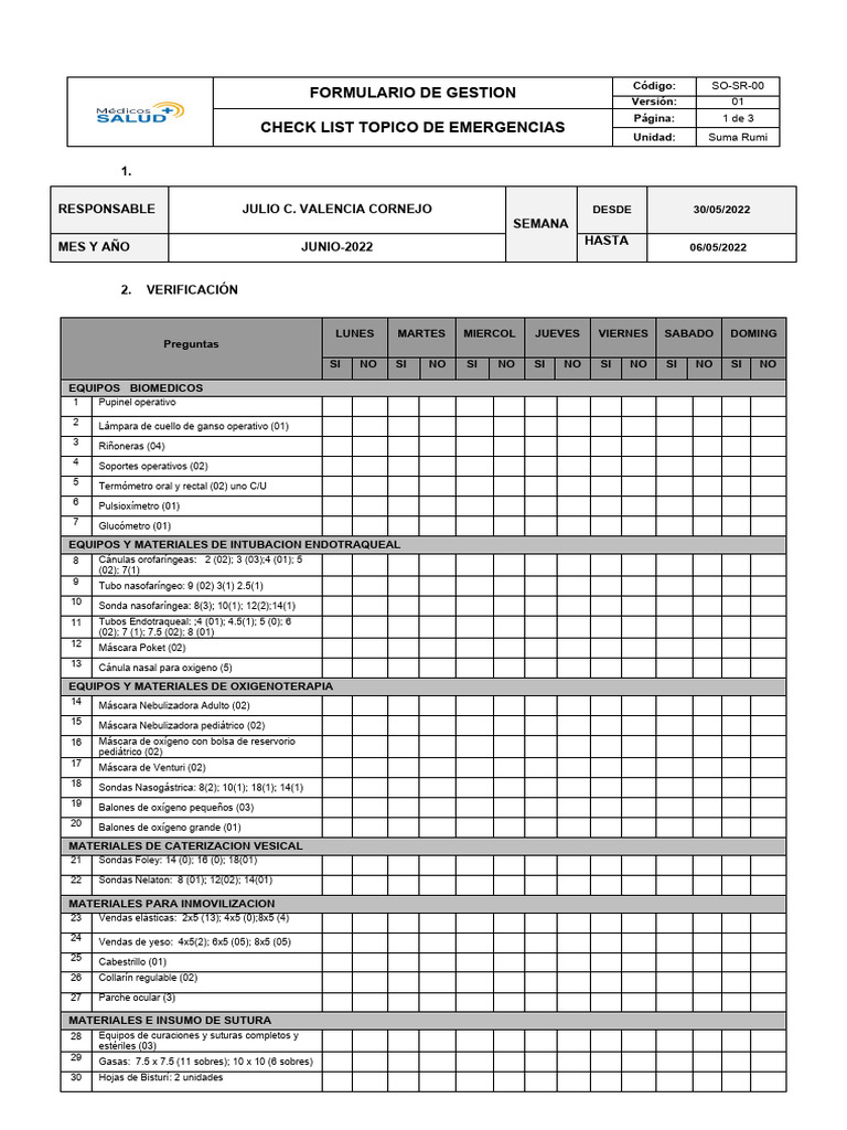 Check List de Emergencias Médicas | PDF | Sustancias químicas