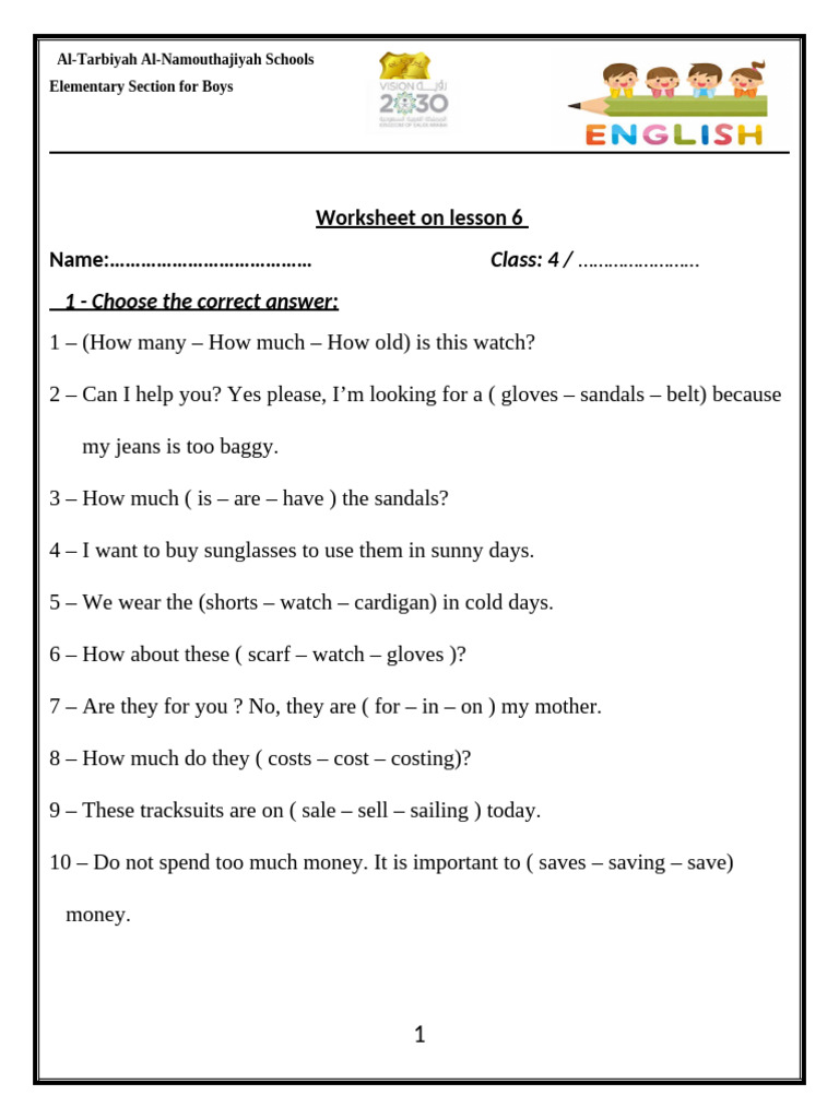 Unit 7 Lesson 6 Worksheet | PDF
