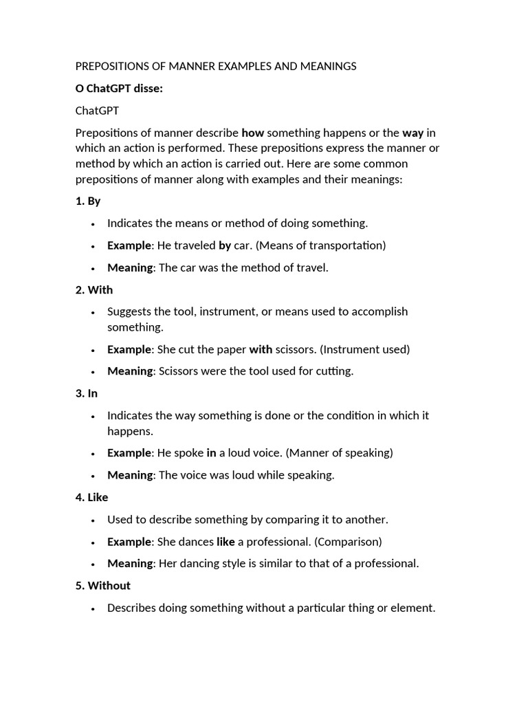 Prepositions of Manner Examples and Meanings | PDF | Preposition And ...