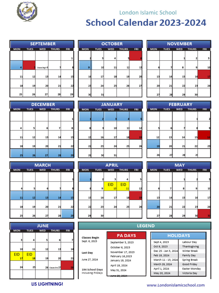 London Islamic School Calendar 2023-2024 | PDF | Public Holiday | Observances