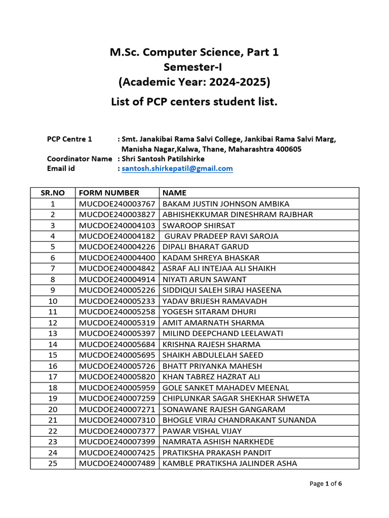 M SC Computer Science Part 1 Semester I PCP Centers Student List | PDF