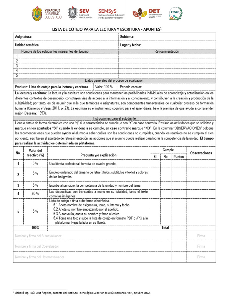 Lista de Cotejo para Lectura y Escritura | PDF | Aprendizaje | Evaluación