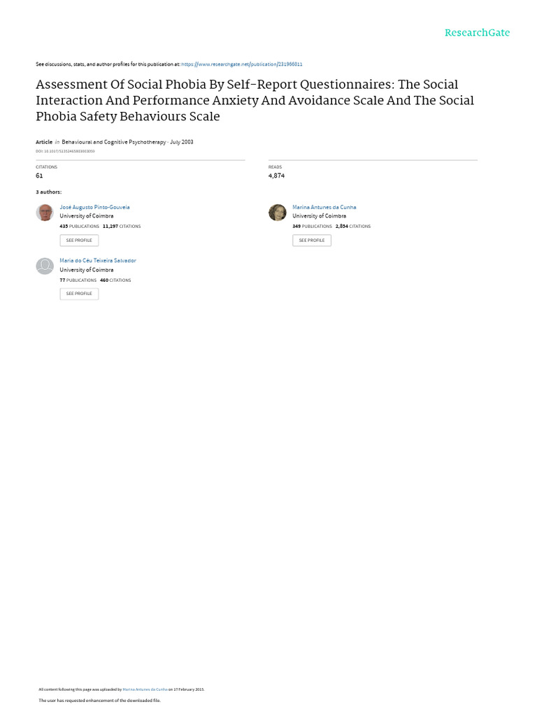 Assessmentofsocialphobiabyself Report | PDF | Social Anxiety Disorder ...