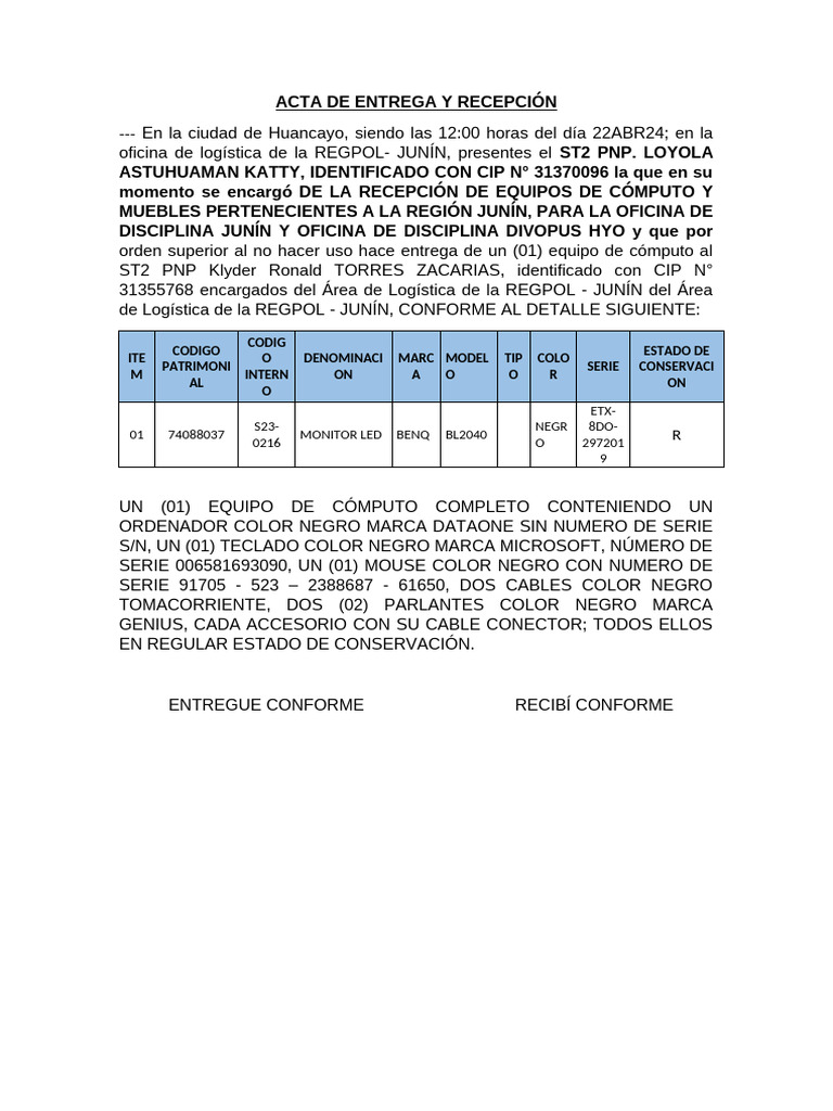 Acta de Entrega y Recepción | PDF