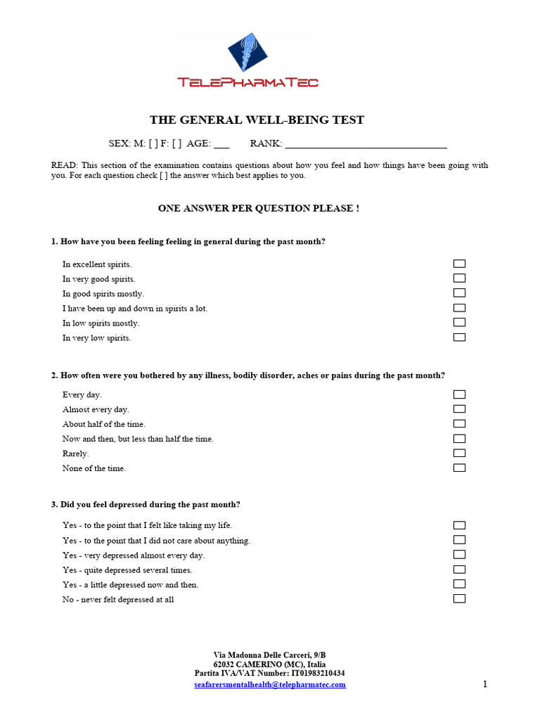 Wellbeing Test For Stress Evaluation | PDF | Feeling | Mental Health