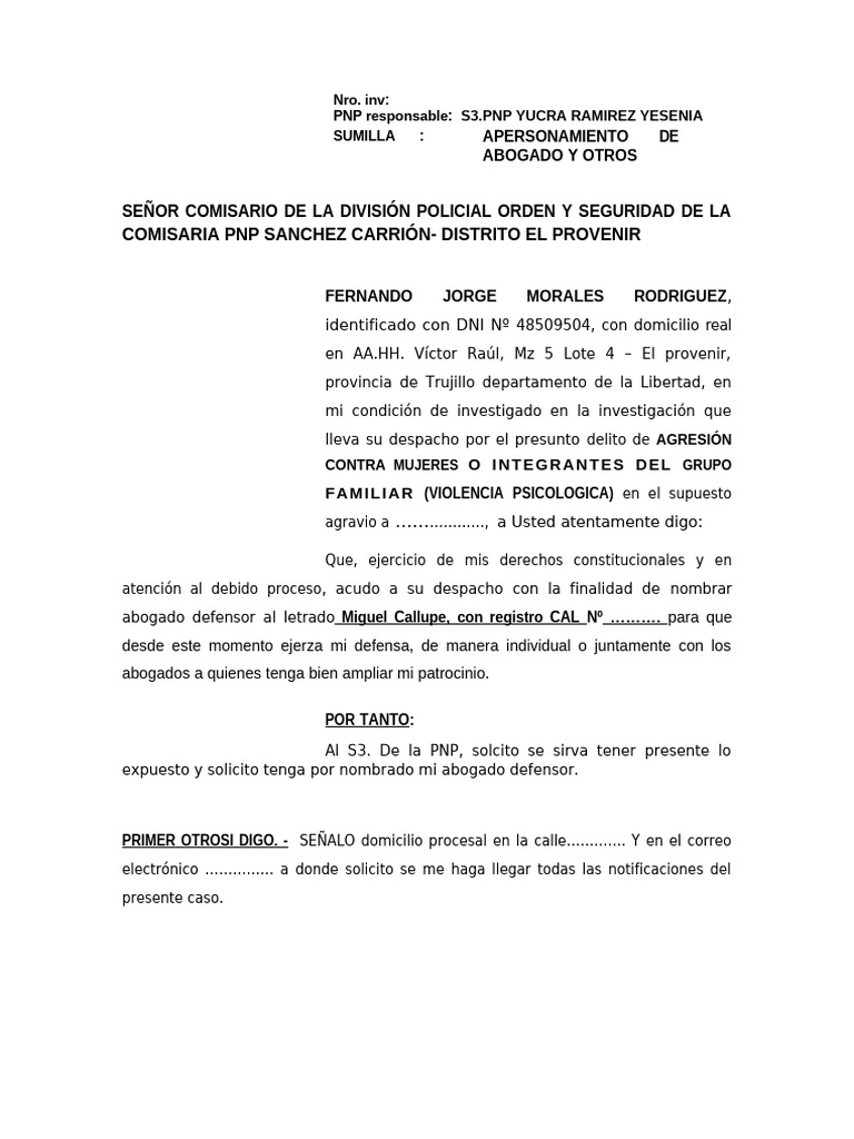 Apersonamiento A Comisaria - Modelo | PDF | Justicia | Crimen y violencia