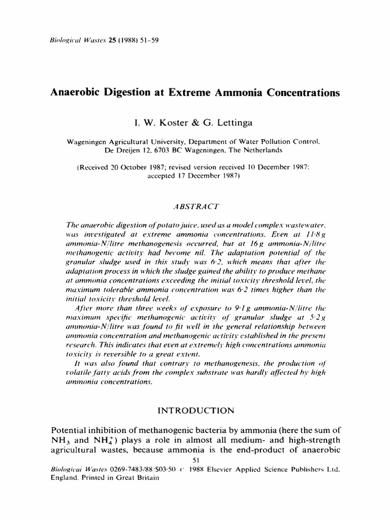 Anaerobic Digestion at Extreme Ammonia Concentrations | PDF | Anaerobic Digestion | Chemistry