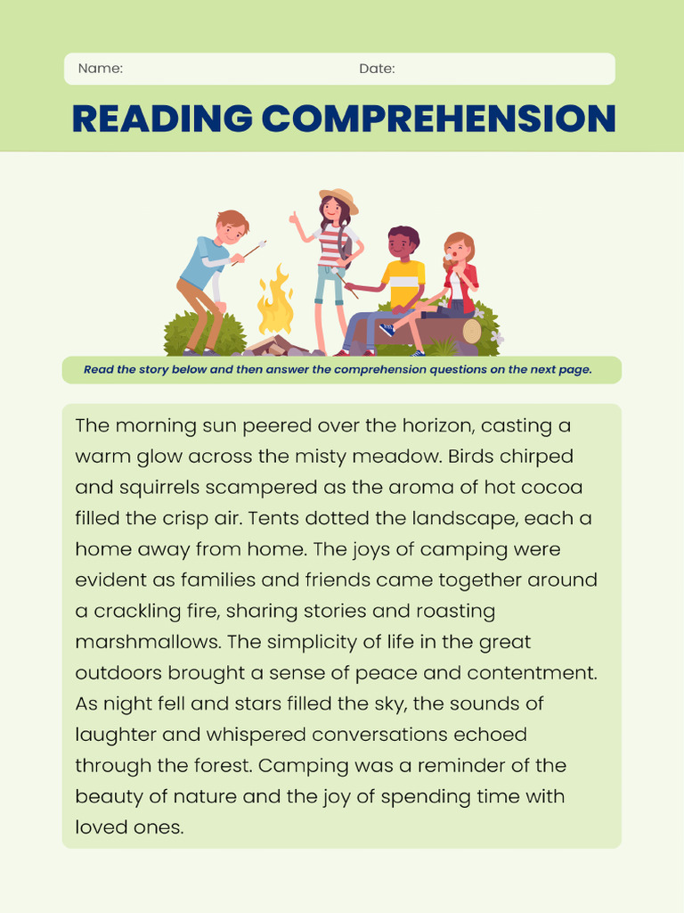 Green Blue English Reading Comprehension Worksheet | PDF