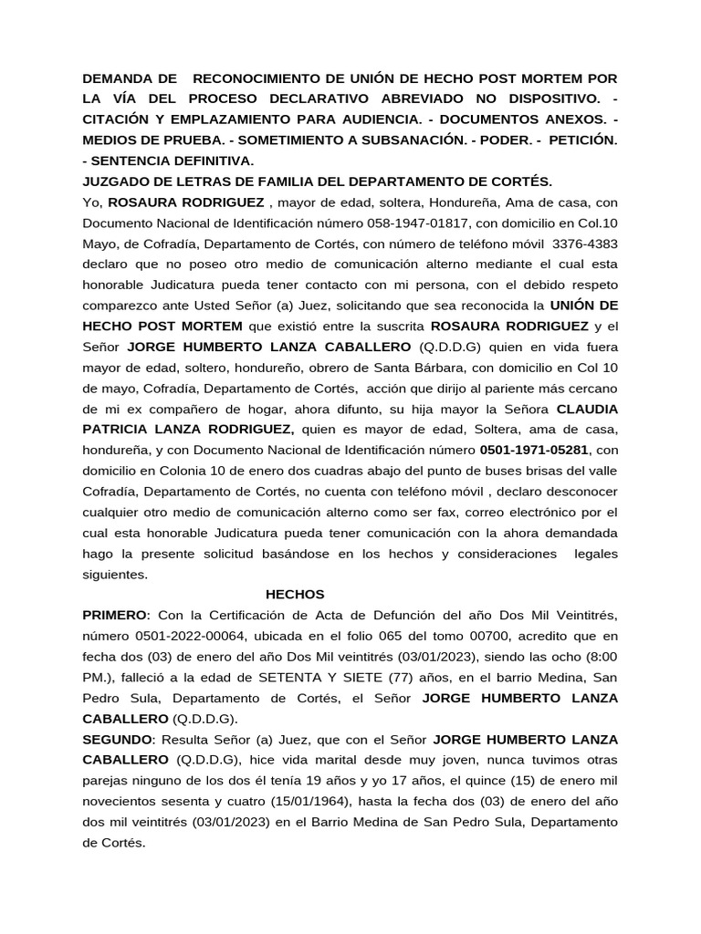 Declar de Union de Hecho | PDF | Honduras | Sentencia (ley)