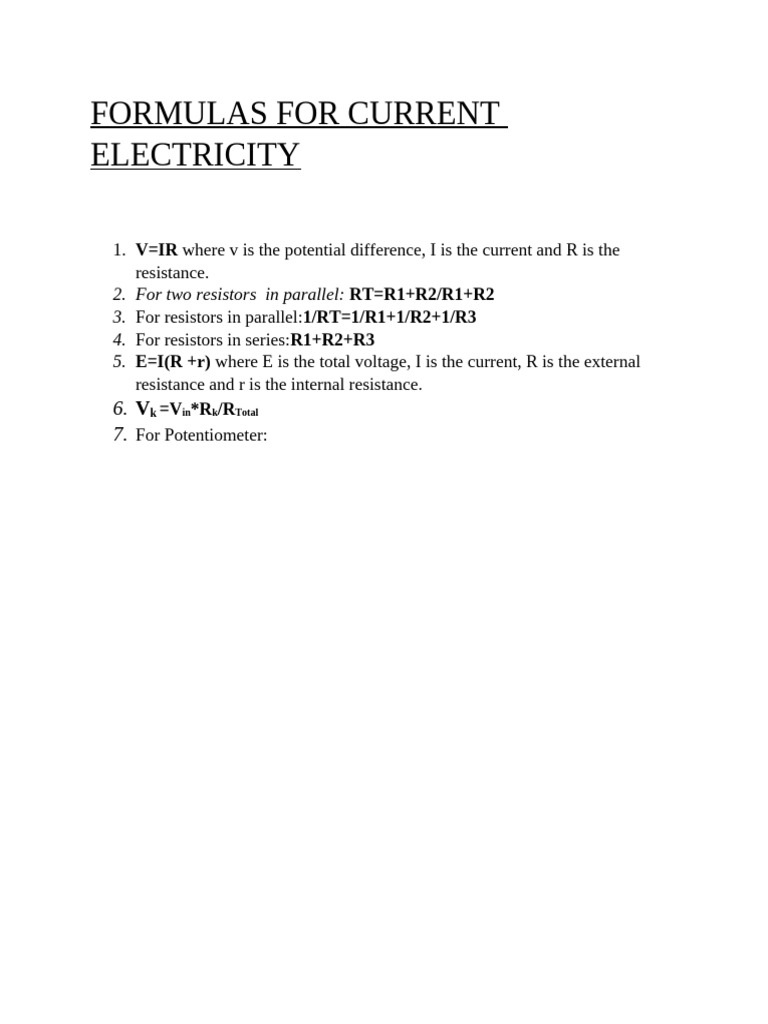 Formulas For Current Electricity | PDF