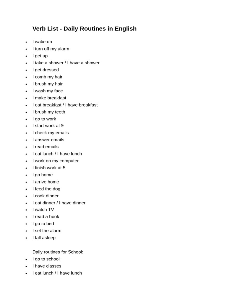 Verb List - Daily Routines in English | PDF