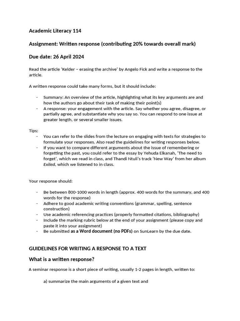 2024 - Written Response - Assignment Brief - Written Response ...