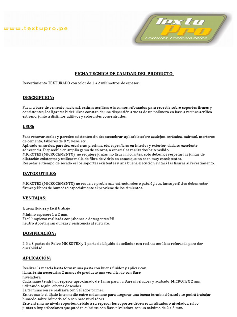Ficha Texnica de Calidad de Producto Microtex | PDF | Revestimiento ...