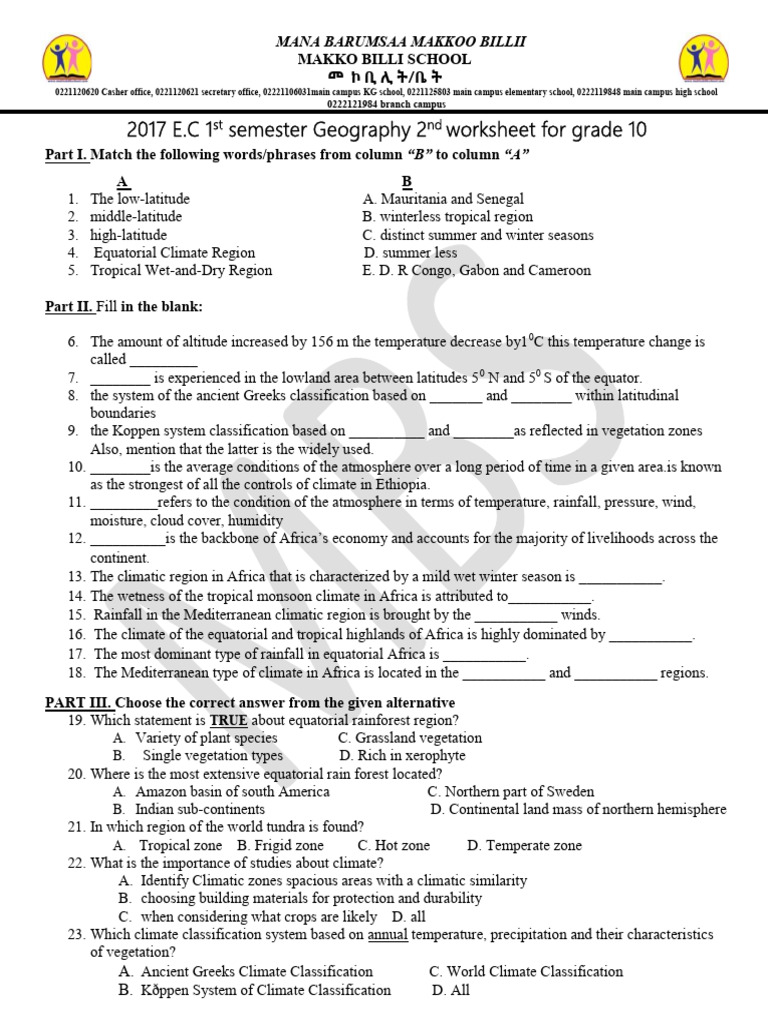 Grade 10 Geography Climate Worksheet | PDF | Temperate Climate | Climate