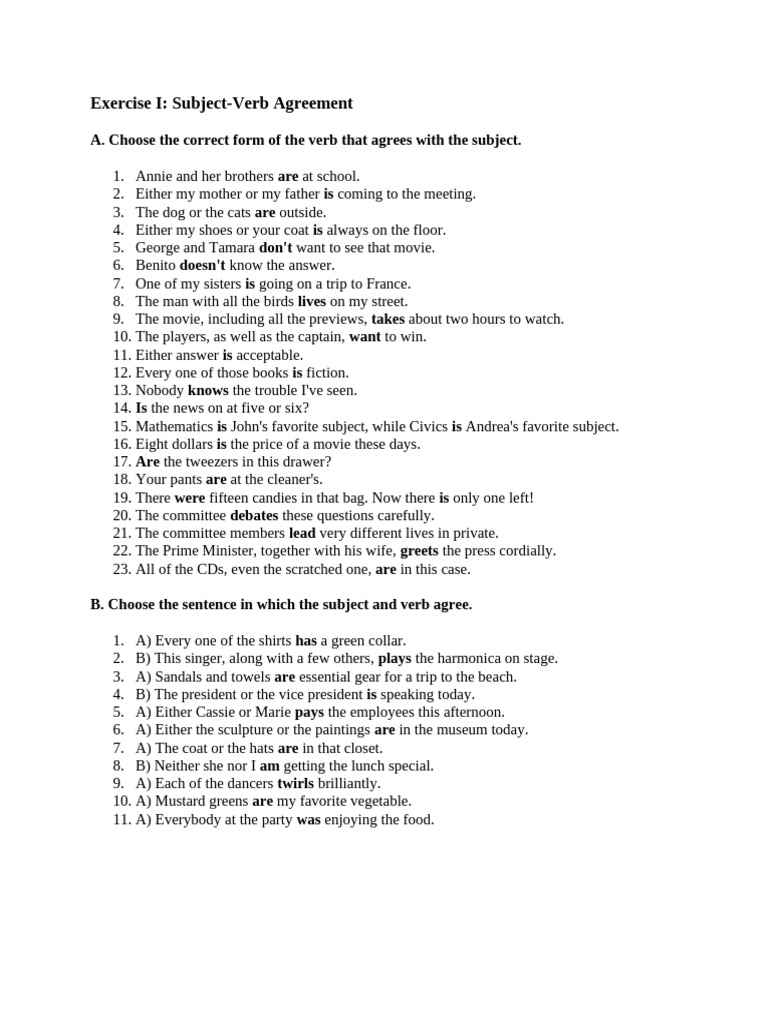 Subject-Verb Agreement Exercises | PDF