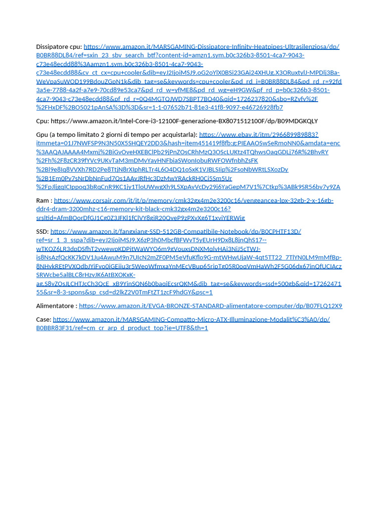 PC Build Components List | PDF