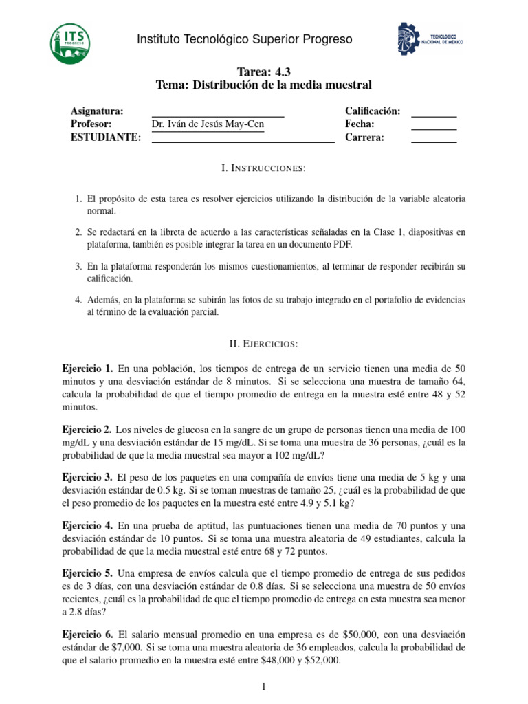 Tarea 4 3 Distribucion de La Media Muestral | PDF | Desviación Estándar | Teoría de probabilidad