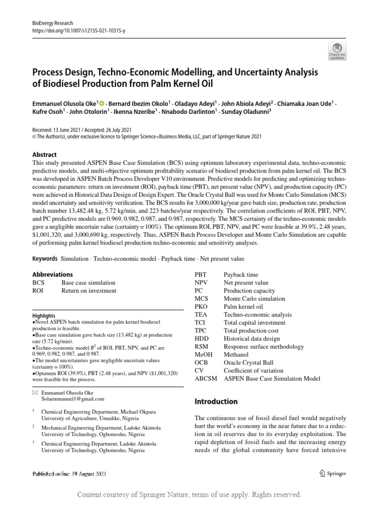 Process Design Techno-Economic Modelling and Uncer Compressed | PDF | Biodiesel | Catalysis