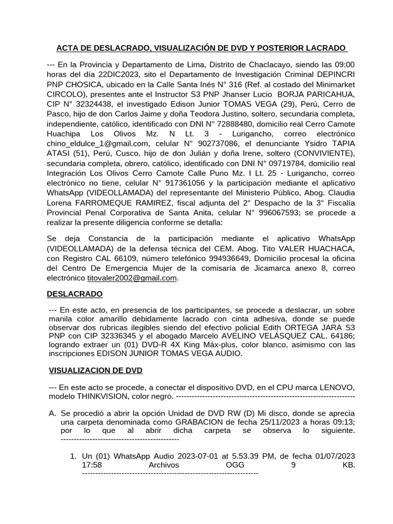 Acta de Deslacrado y Visualización de DVD | PDF