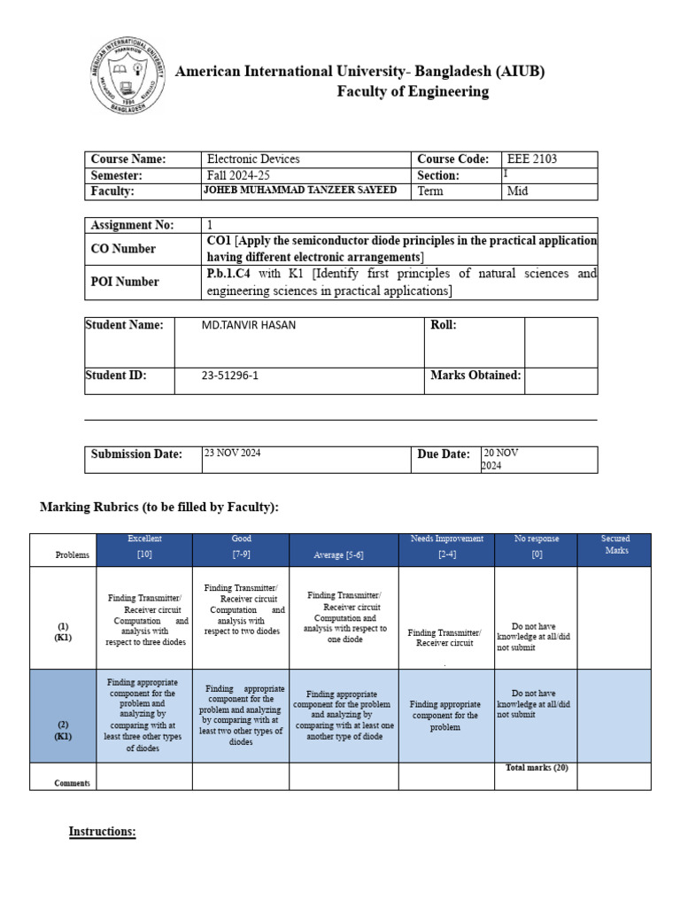 AIUB EEE 2103 Electronic Devices Assignment | PDF | Diode | Electrical ...