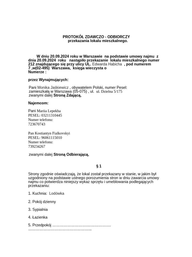 Protokół Zdawczo-Odbiorczy Mieszkania - Wzór NR 1 | PDF