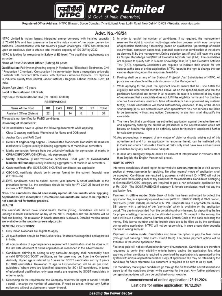 NTPC Safety Officer Recruitment 2025 | PDF | Banks | Credit Card