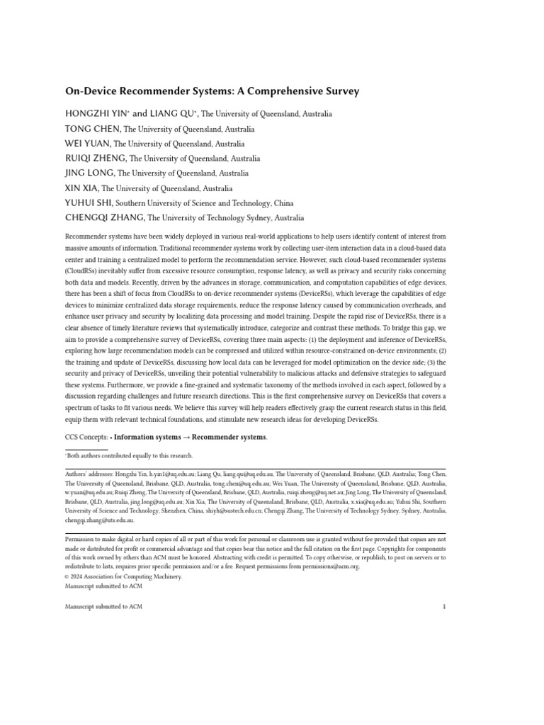 On-Device Recommender Systems: A Comprehensive Survey | PDF | Deep Learning | Cloud Computing