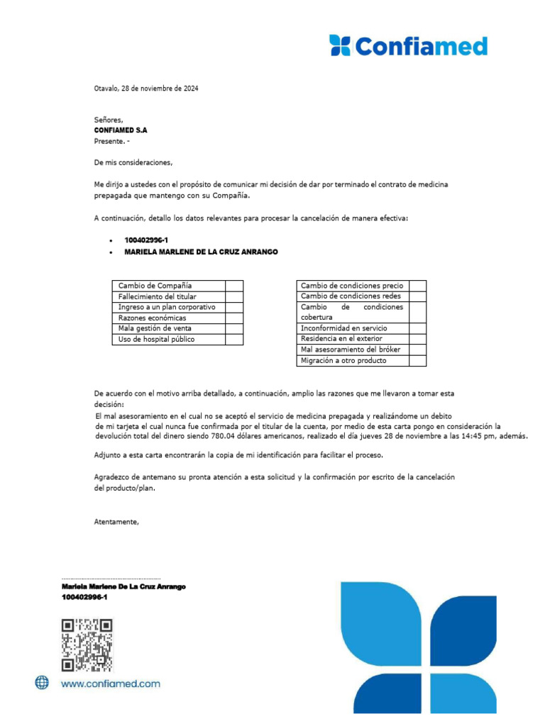 Carta de Cancelaciones Confiamed | PDF