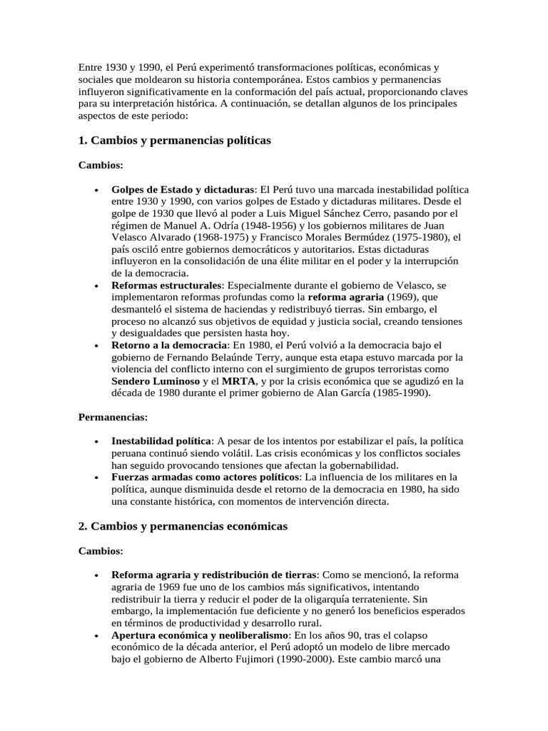 Transformaciones en el Perú (1930-1990) | PDF | Perú | Ciencias Políticas
