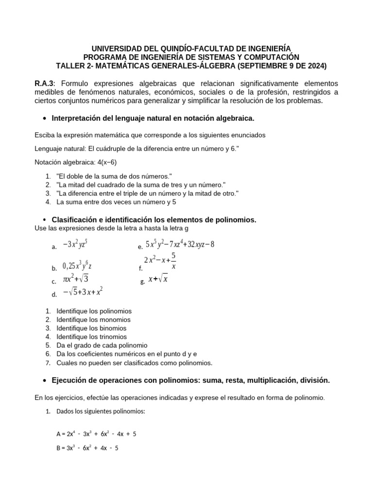 Taller2 Matemáticas Generales Álgebra-2024 - 2 | PDF | Polinomio | Algoritmos