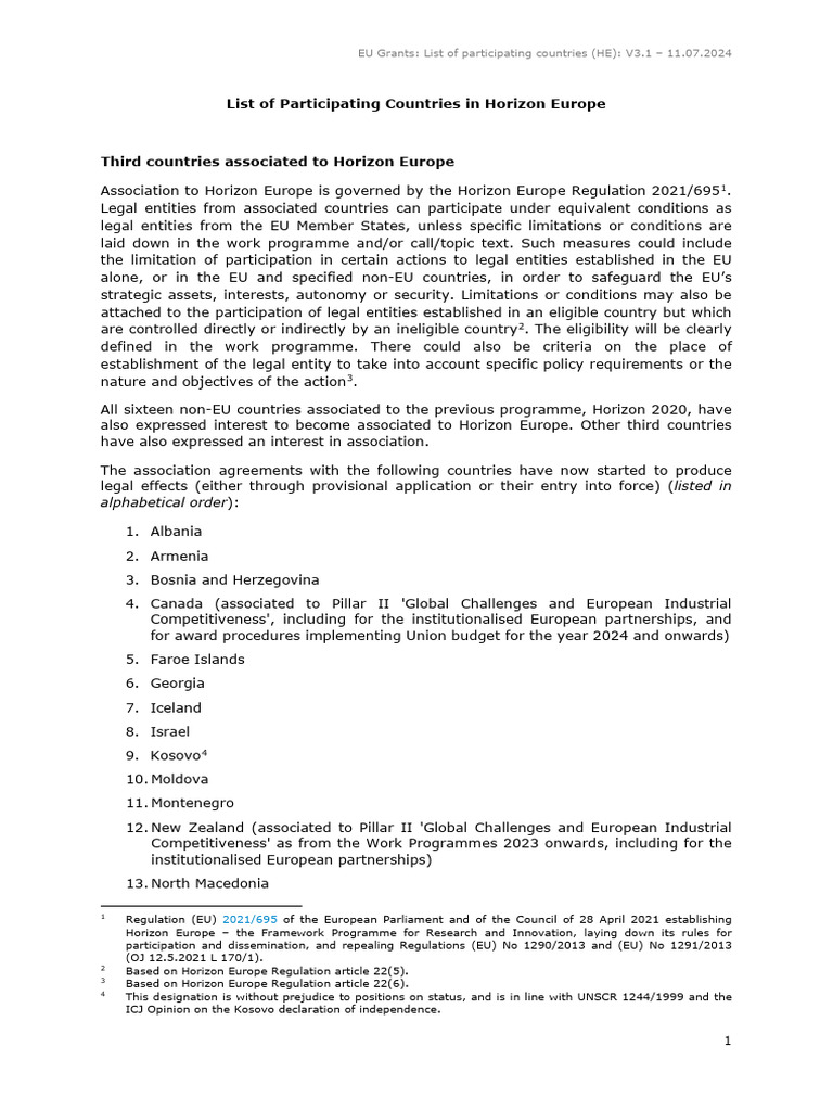 Horizon Europe Participating Countries List | PDF | European Union