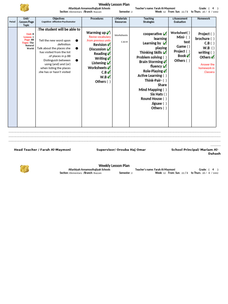 Grade 4 Lesson Plan S2T2 U8L1 2020-2021 | PDF | Lesson Plan | Learning