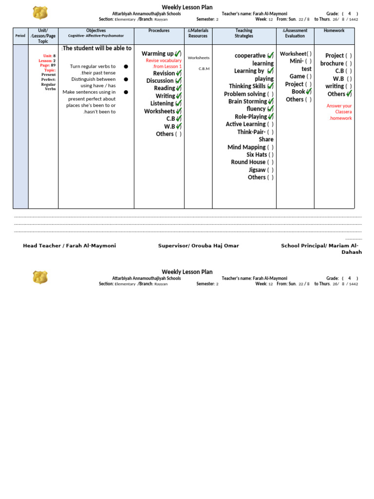Grade 4 Lesson Plan S2T2 U8L2 2020-2021 | PDF | Lesson Plan | Linguistics