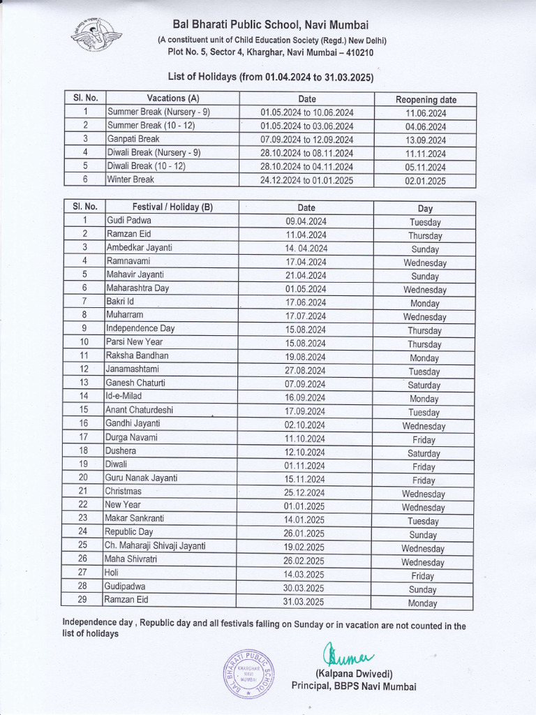BBPS Navi Mumbai Holiday List 2024-25 | PDF | Religious Festivals ...