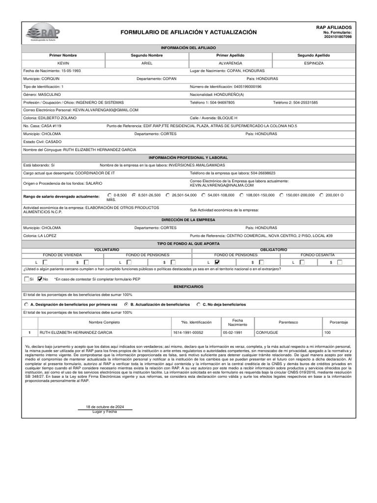 Forma de Actualización No. 2024101807098 | PDF | Honduras