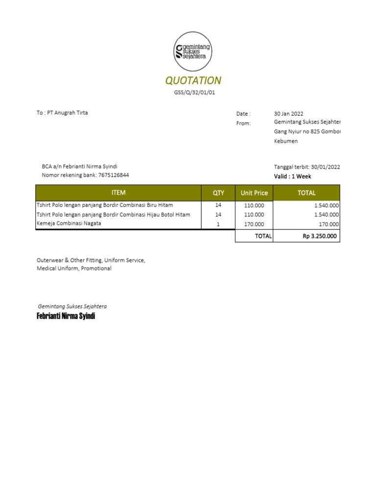 Uniform Supply Quotation | PDF