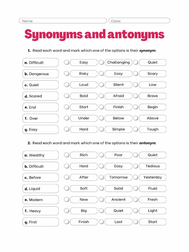 Synonyms and Antonyms Worksheet in Pink Simple Modern Style PDF | PDF