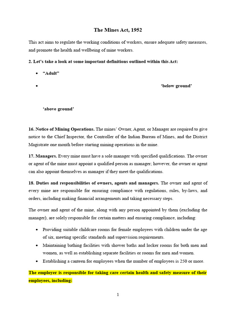 Mines Act, 1952 | PDF | Overtime | Employment