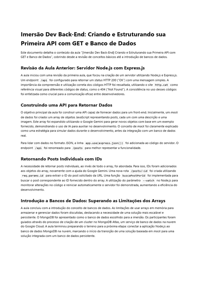 (Imersão Dev Back-End) Criando e Estruturando Sua Primeira API Com GET e Banco de Dados | PDF ...