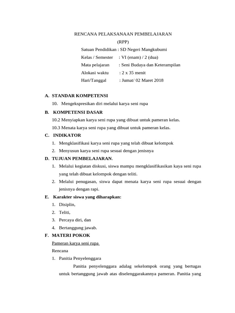 RPP Kelas 6 SBK KD Pameran 2 | PDF