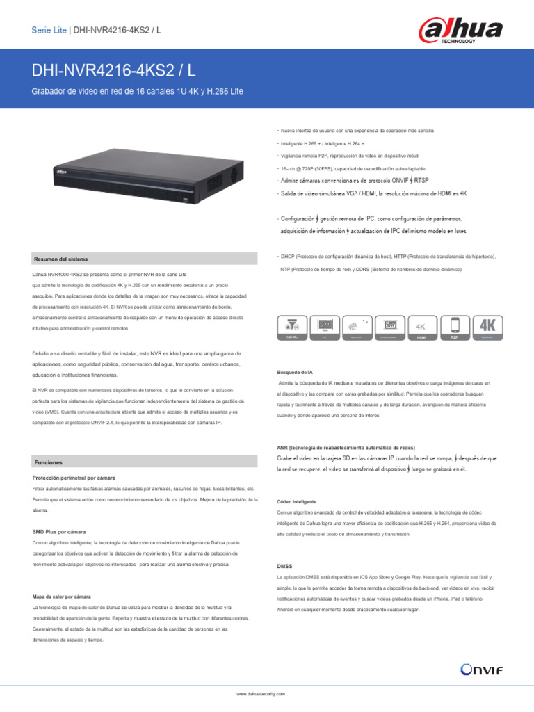 Dahua NVR4216 4KS2 L NVR 16 CANALES FICHA TÉCNICA ESPAÑOL | PDF | Hdmi | Disco duro
