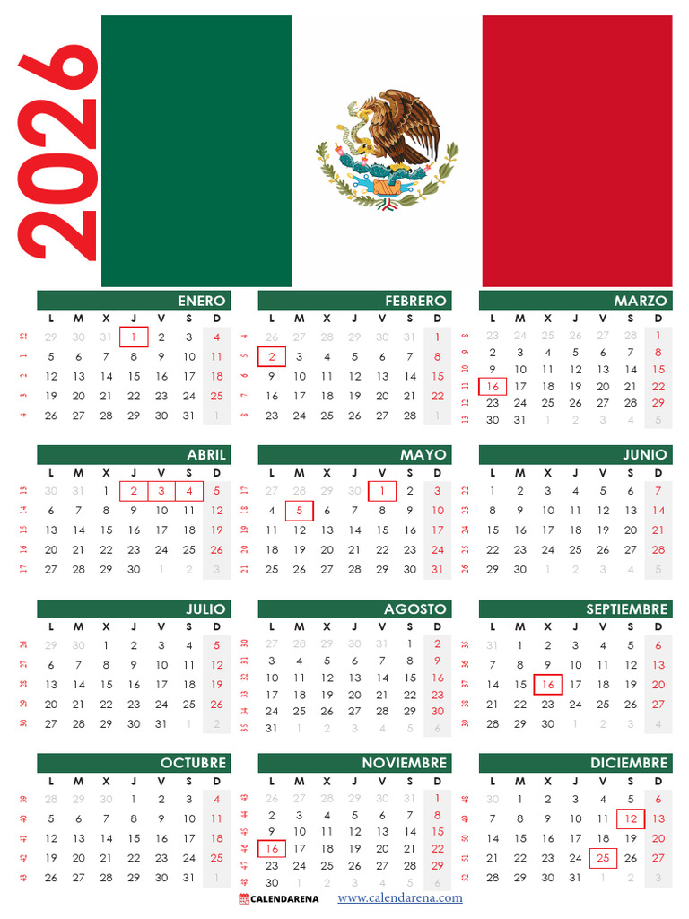 Calendario 2026 Con Festivos Mexico | PDF